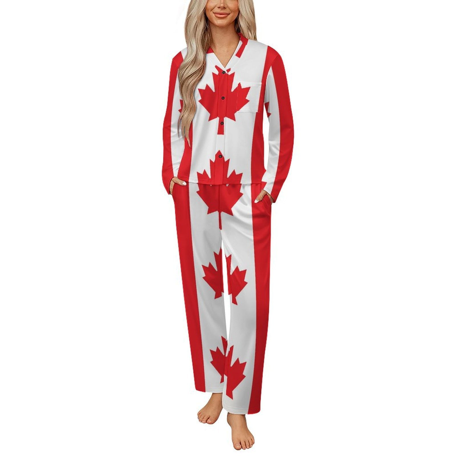 Canadian Flag Womens Pyjamas Set Button Up Pyjamas Womens with Long ...