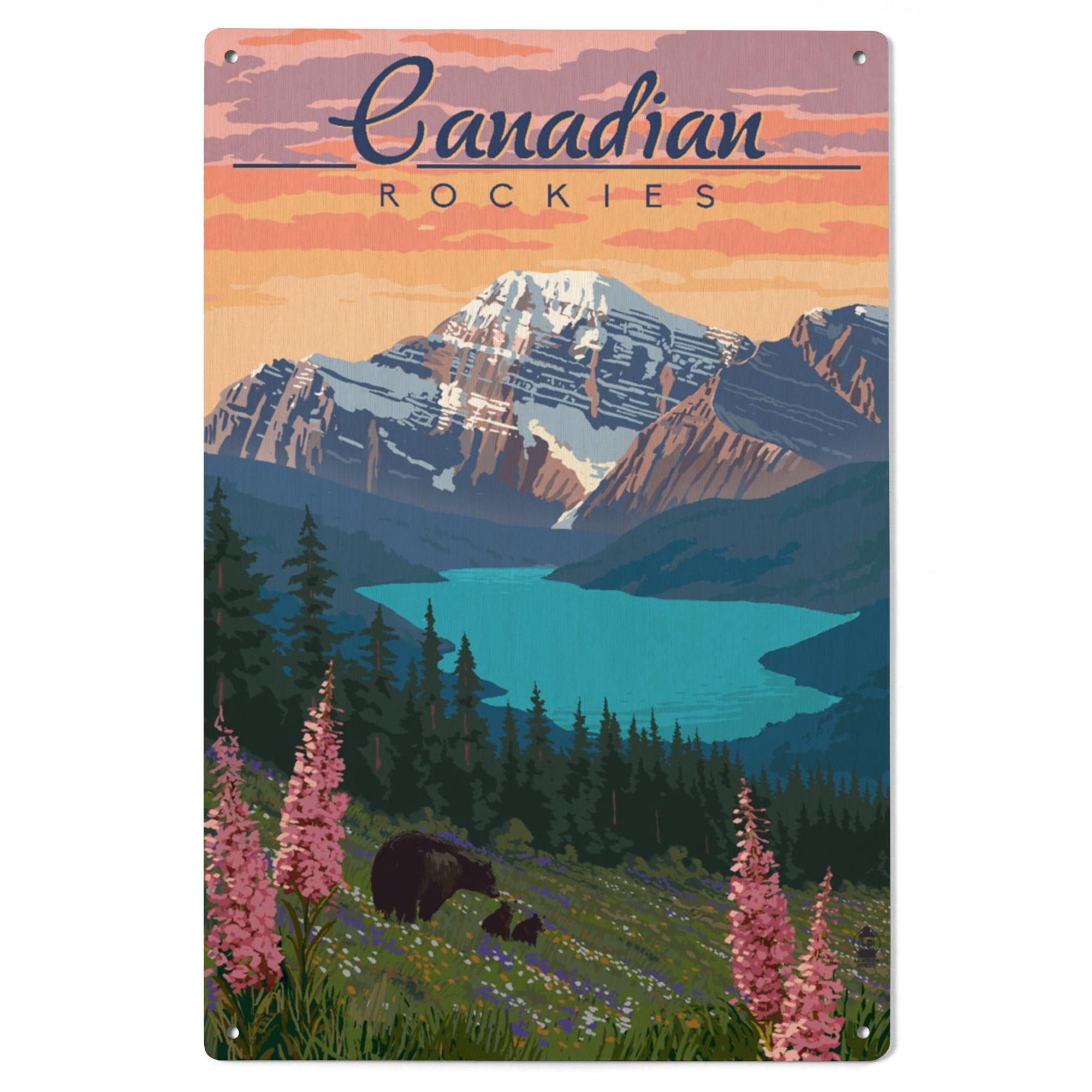 Canadian Rockies, Bear and Spring Flowers Birch Wood Wall Sign (6x9 ...