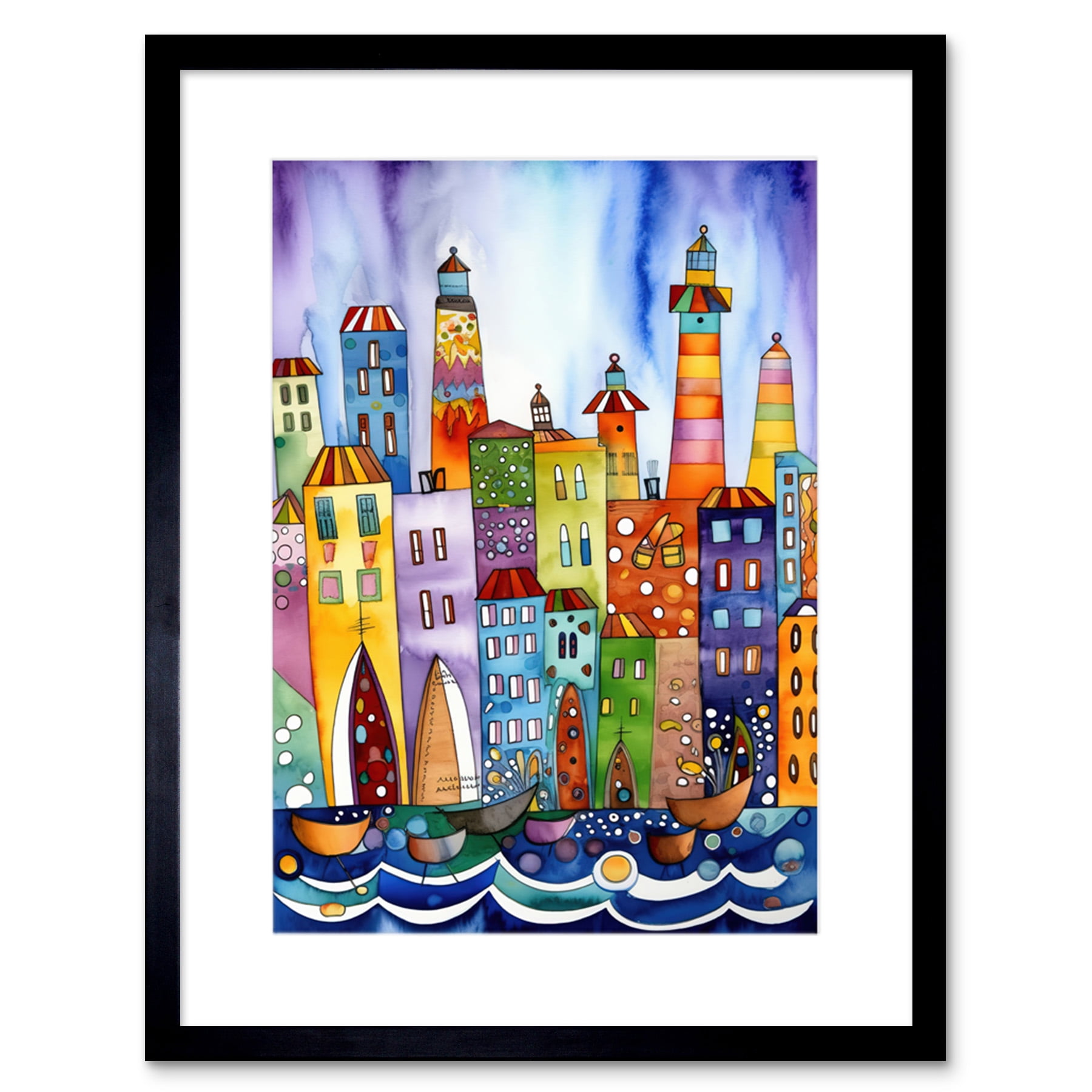 Canal Area Folk Art Watercolour Painting Artwork Framed Print Wall Art ...