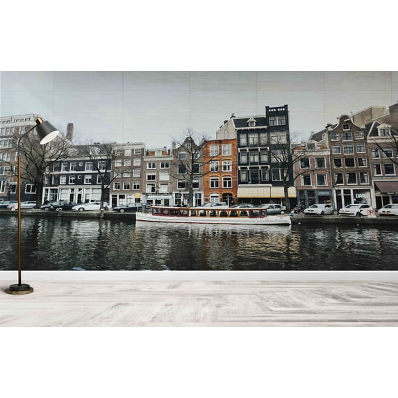 Canal Wallpaper, Paper Wall Art Bright Wallpaper, Boat Mural, Winter ...