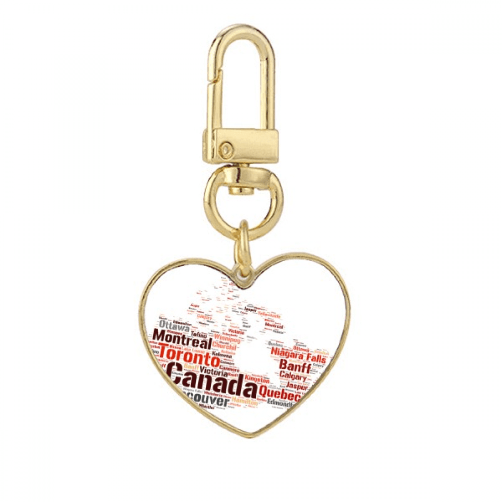 Cananda Map with City Names Landmarks Gold Heart Keychain Metal Keyring ...