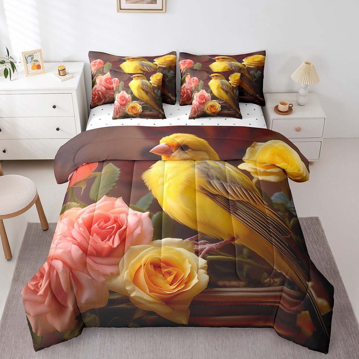 Canary Comforter Set 7 Piece Bed in a Bag Twin,Yellow Pink Rose Bedding ...