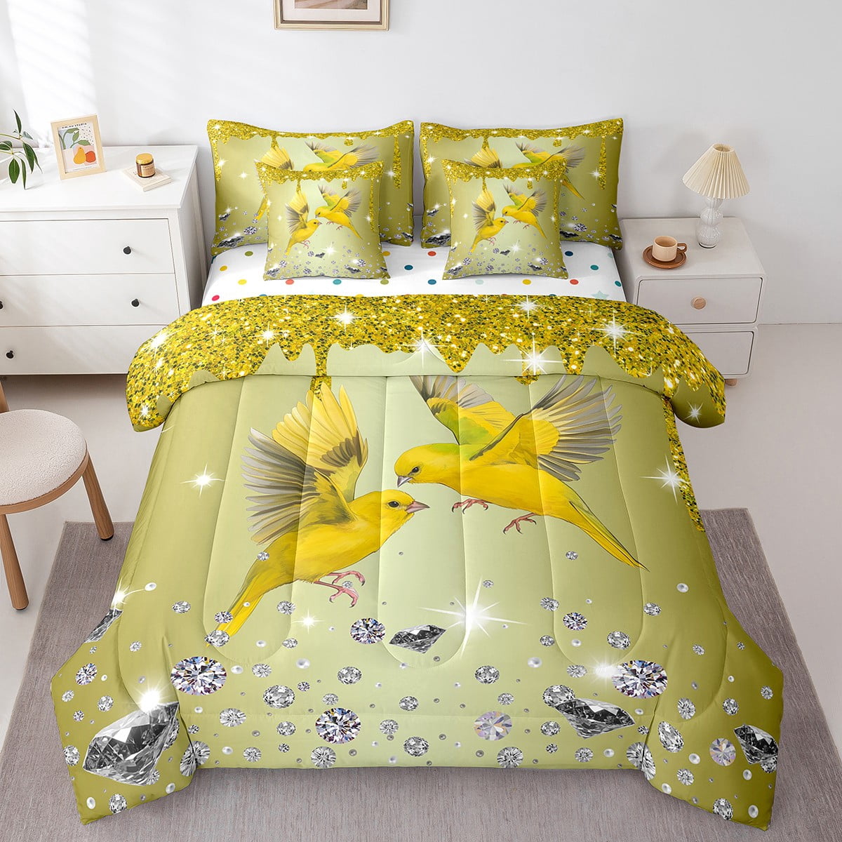 Canary Comforter Set 7 Piece Bed in a Bag Twin,Yellow Sequin Fluid Art ...