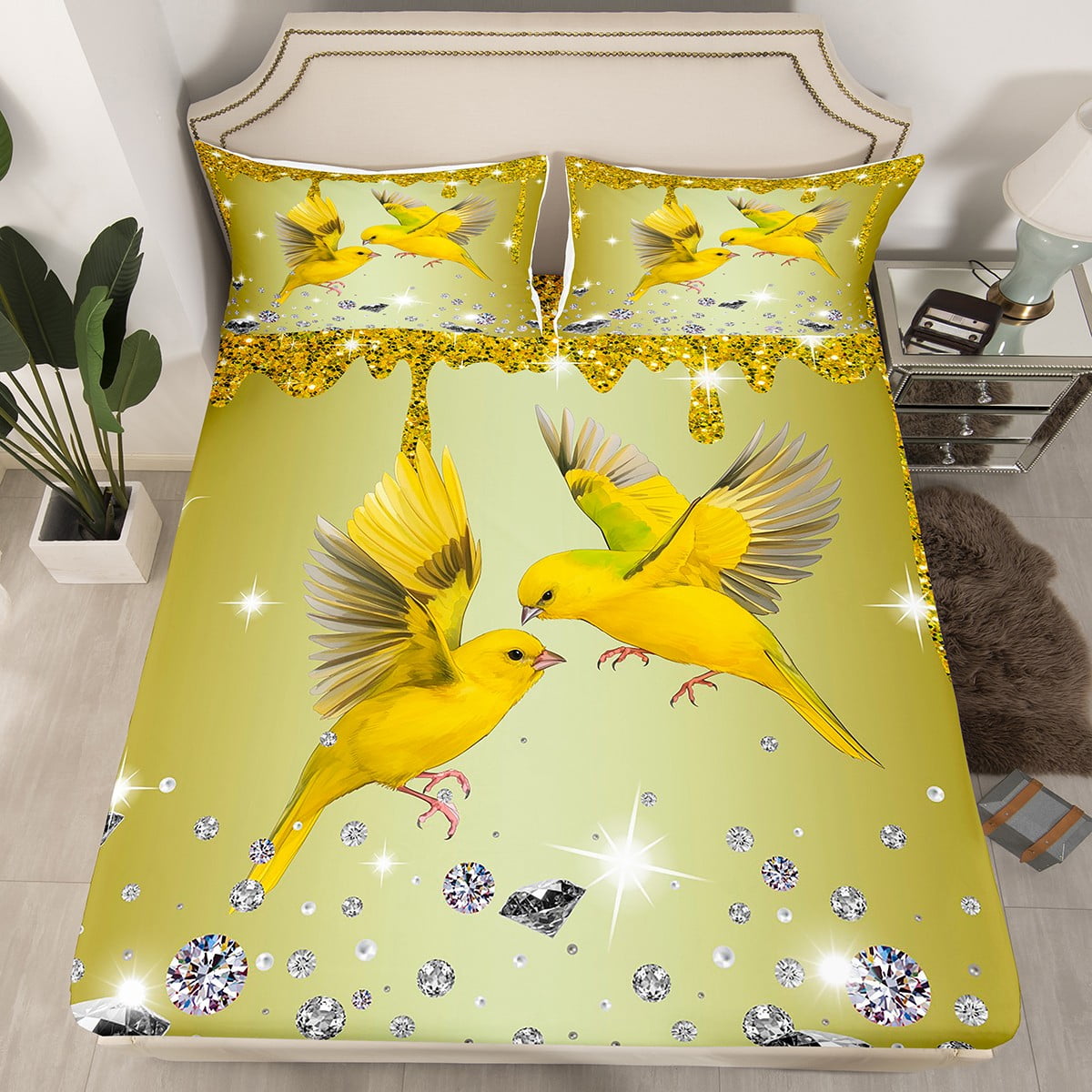 Canary Fitted Sheet Yellow Sequin Fluid Art Bed Sheets Queen Size Bed Set,Crystal Diamond Sheets ...