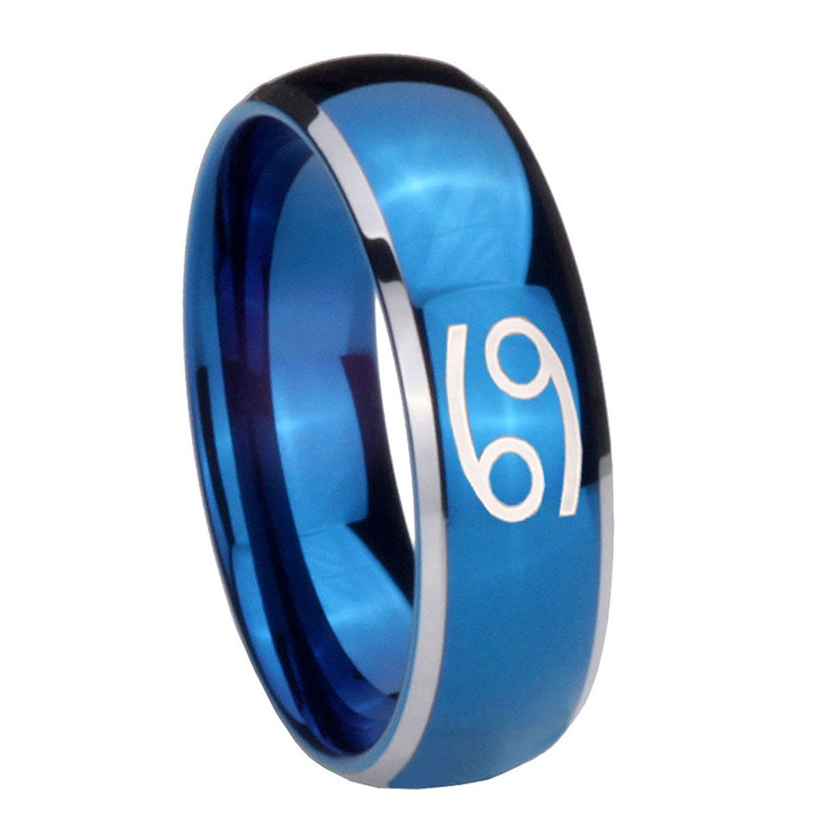 Cancer Horoscope 8MM Polished Blue 2 Tone Dome Tungsten Men Ring ...