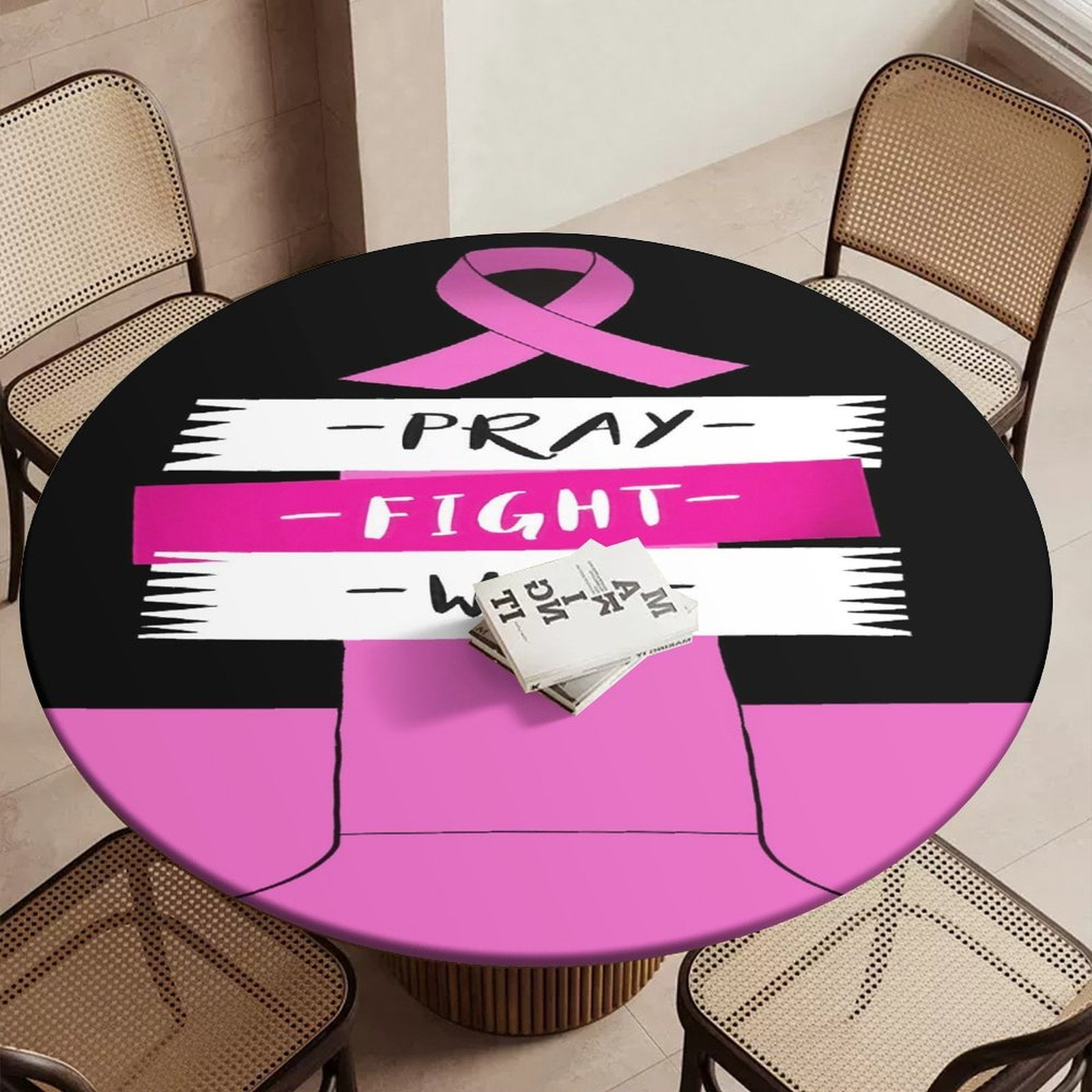 Cancer Quote Pray Fight Win Drawing Round Table Cover Kitchen Printed ...