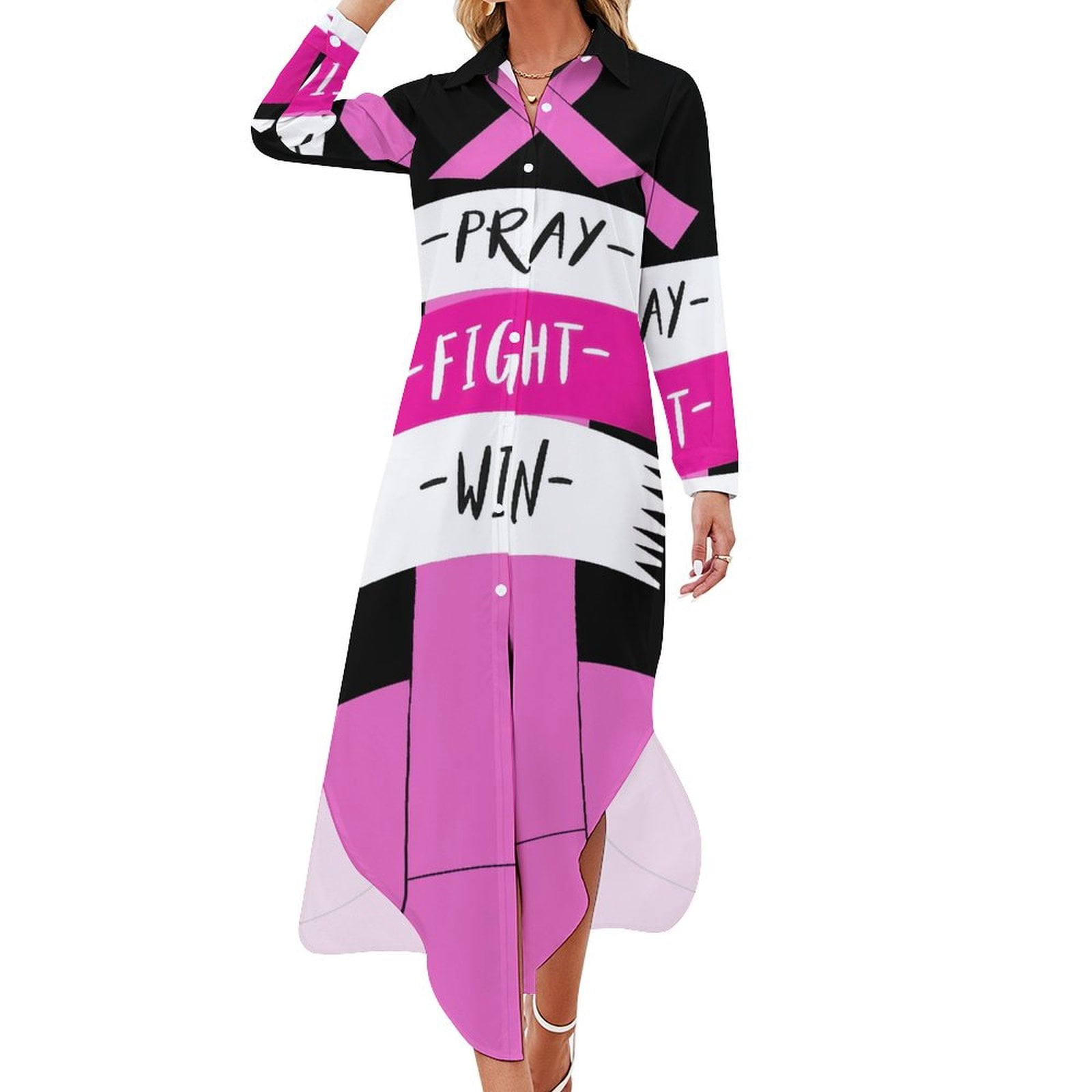 Cancer Quote Pray Fight Win Drawing Shirt Dress Long Sleeve Street ...