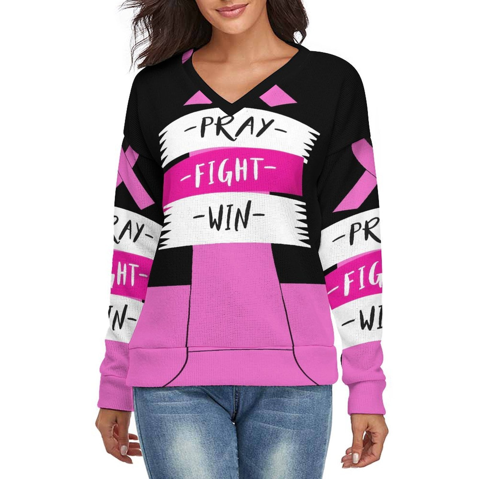 Cancer Quote Pray Fight Win Drawing V-neck Sweater Winter Clothes Long ...