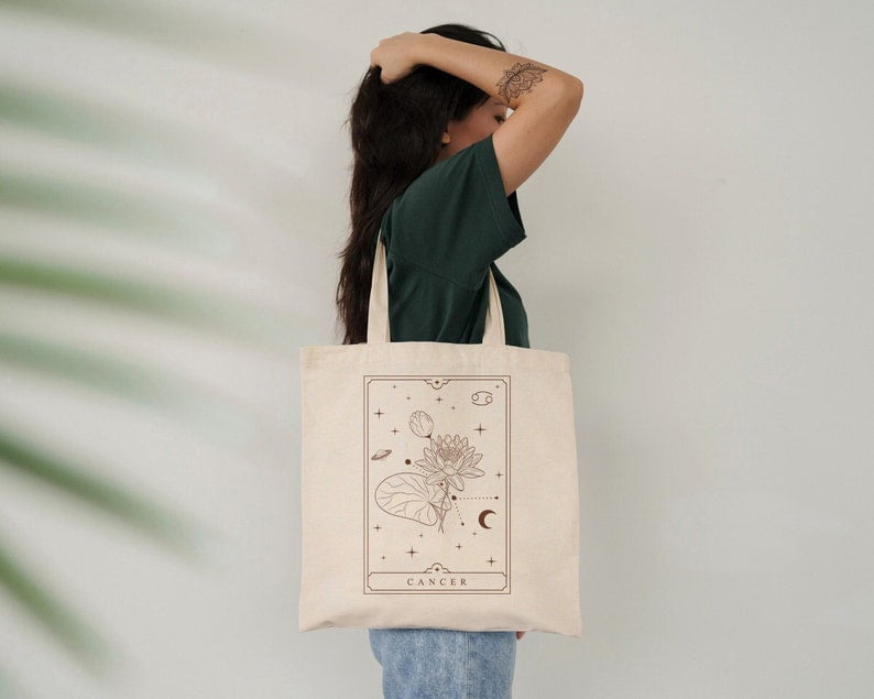 Cancer Tote Bag, Zodiac Gift, July Birth Flower, Horoscope Design ...