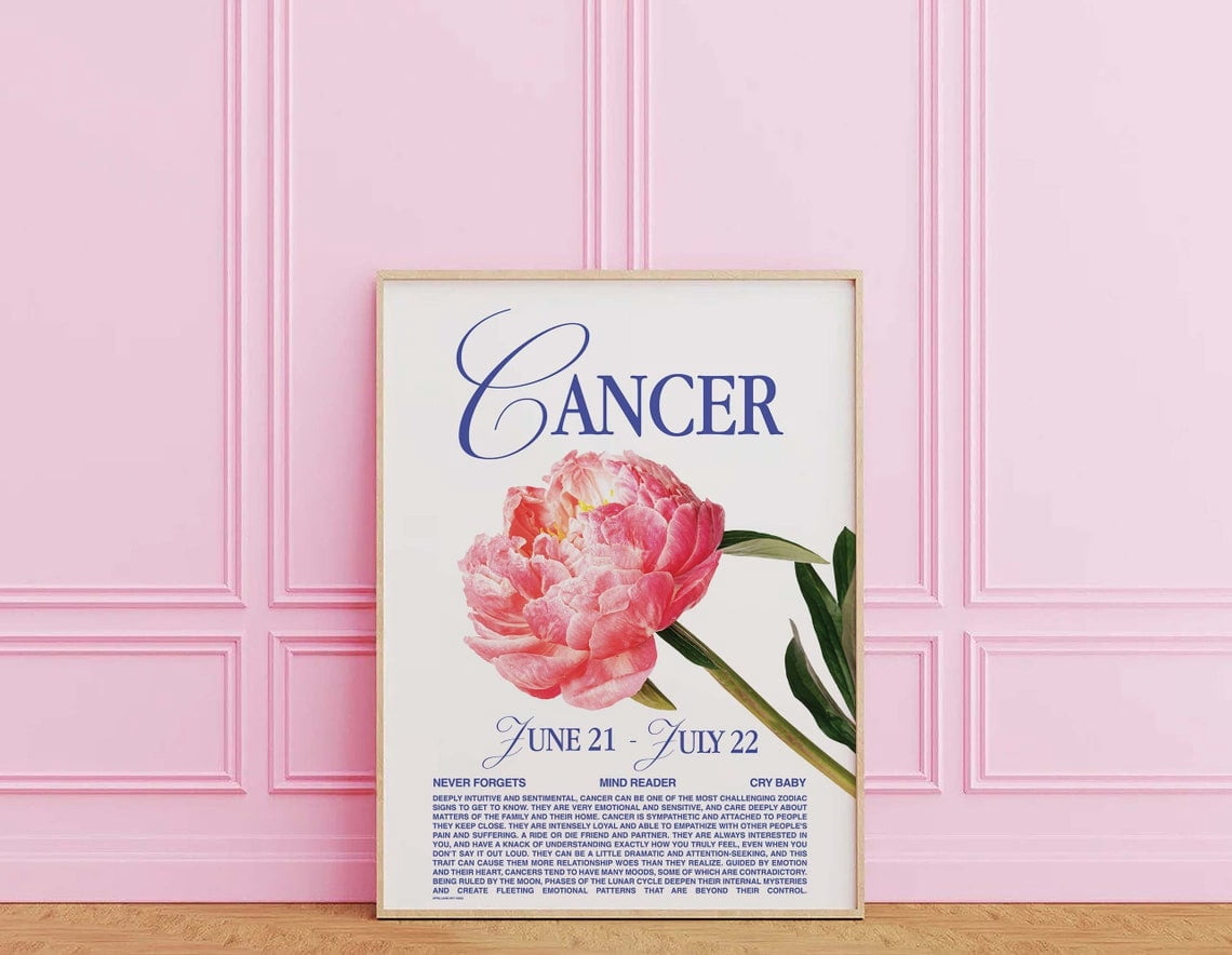 Cancer Zodiac Poster Trendy Astrology Cute Retro Flower Wall Art Star ...