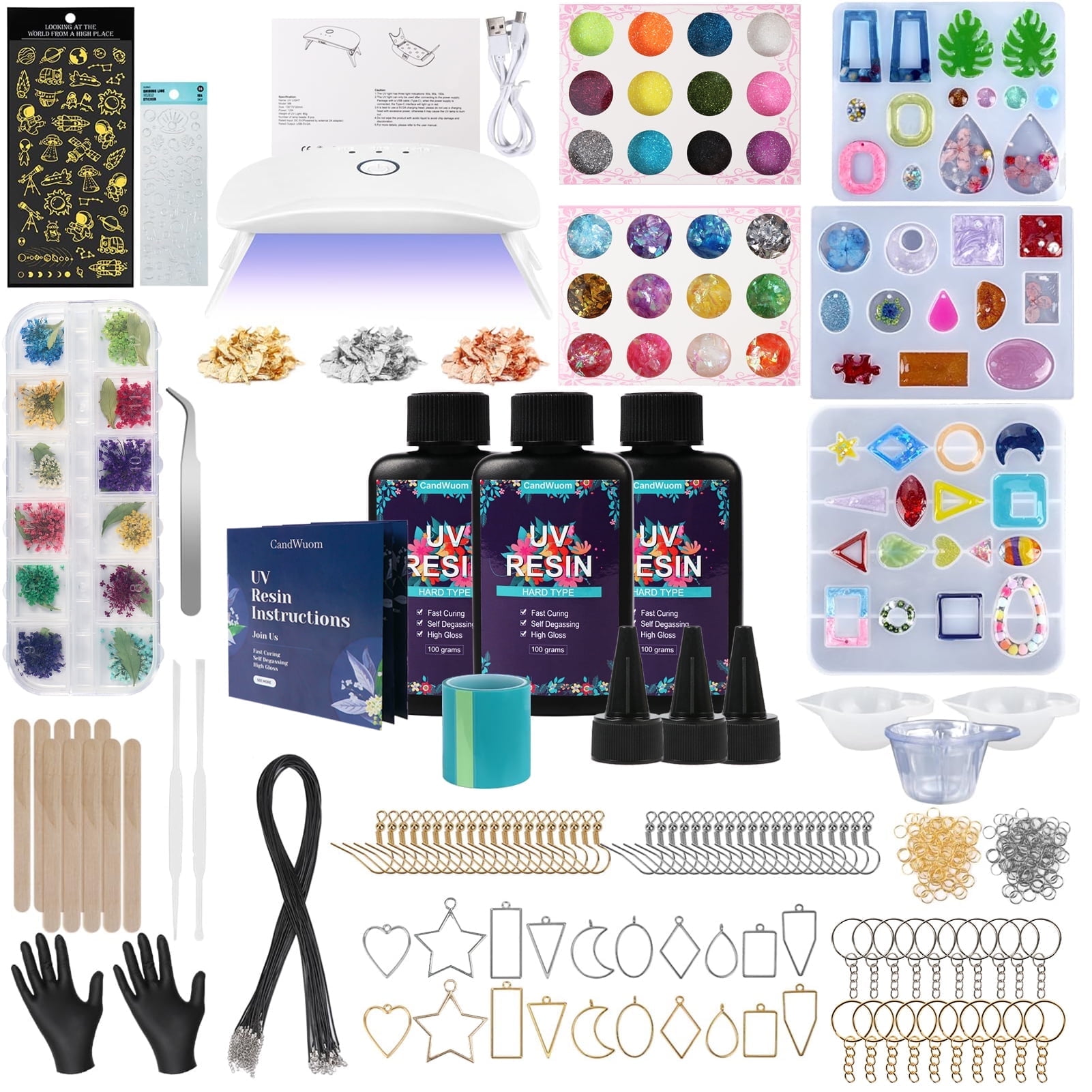 CandWuom UV Resin Jewelry Making Kit - 300g Crystal Clear Resin with Light & Molds for DIY ...