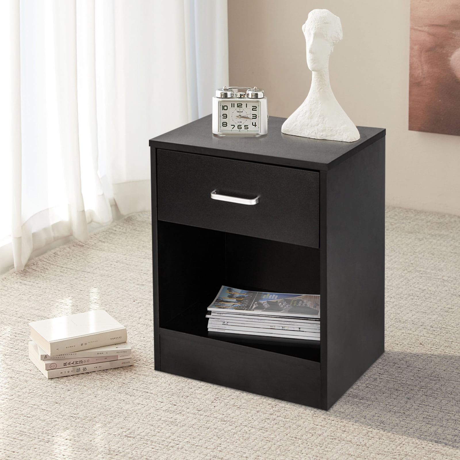 Canddidliike Set of 2 Compact Black Wood Nightstand, Dual Bedside Table ...