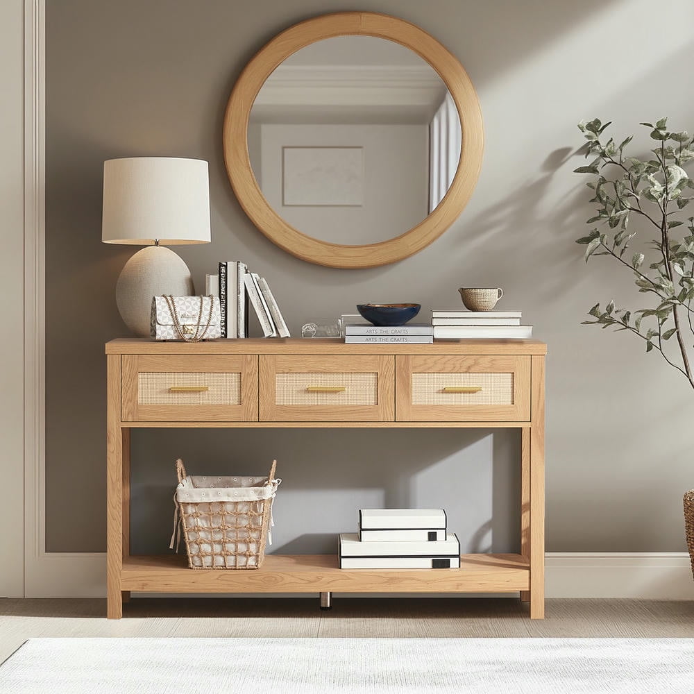 Canddidliike Console Table with Rattan 3 Drawers, Boho Entryway Table ...