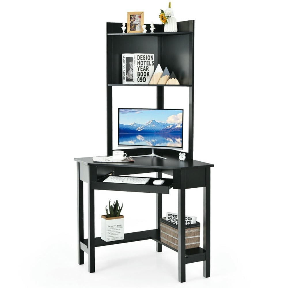 Canddidliike Corner Computer Desk with Hutch and Storage Shelves-Black ...