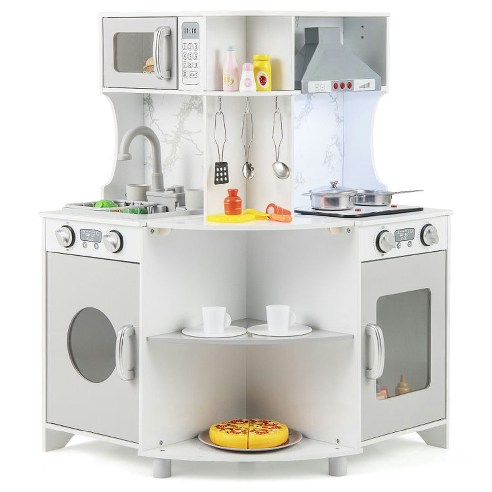Canddidliike Kids Corner Wooden Play Kitchen with Range Hood and Stoves ...