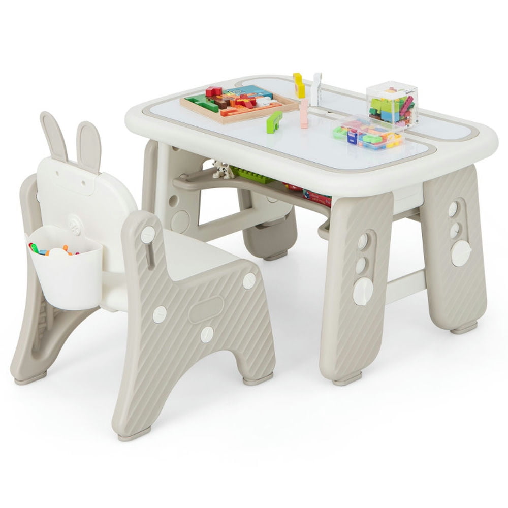 Canddidliike Kids Table and Chair Set with Flip-Top Bookshelf-Gray ...