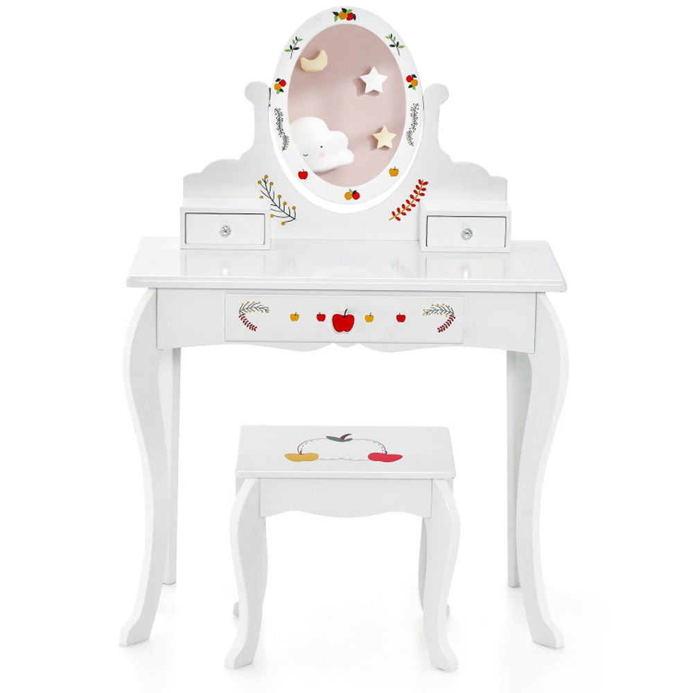 Canddidliike Kids Vanity and Stool Set with 360° Rotatable Mirror and ...