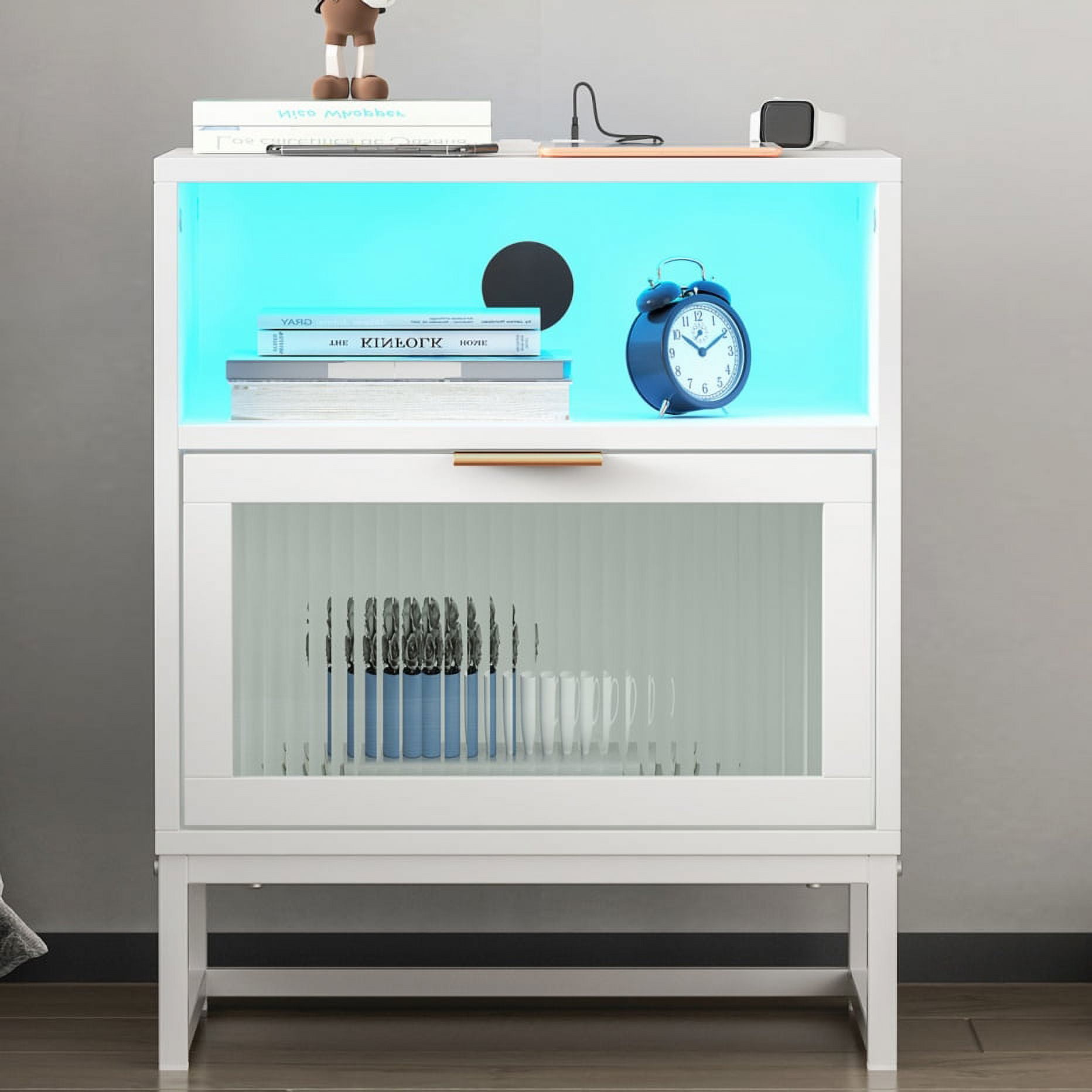 Canddidliike LED Light Bedside Table Cabinet, Nightstand with Wireless ...