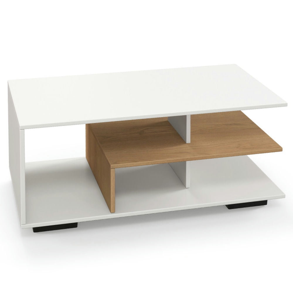 Canddidliike Rectangular Coffee Table with L-shaped Middle Shelf-White ...