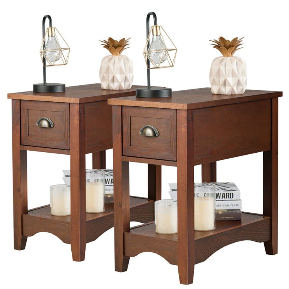 Canddidliike Set of 2 Contemporary Side End Table with Drawer-Walnut ...