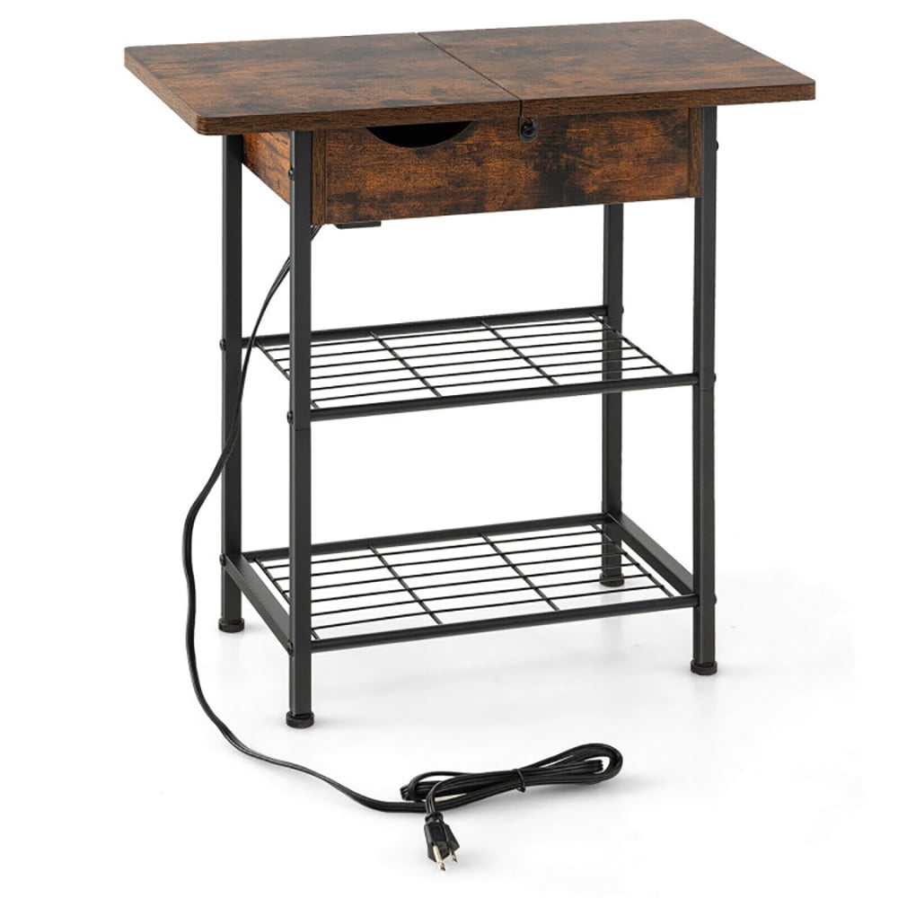 Canddidliike Side End Table with Charging Station Flip-Up Top for ...