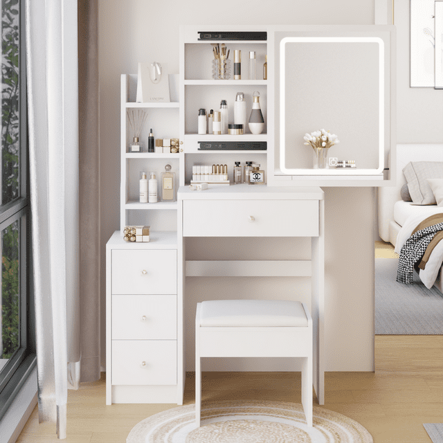 Canddidliike Vanity Desk with Mirror and Lights + Cushioned Stool ...