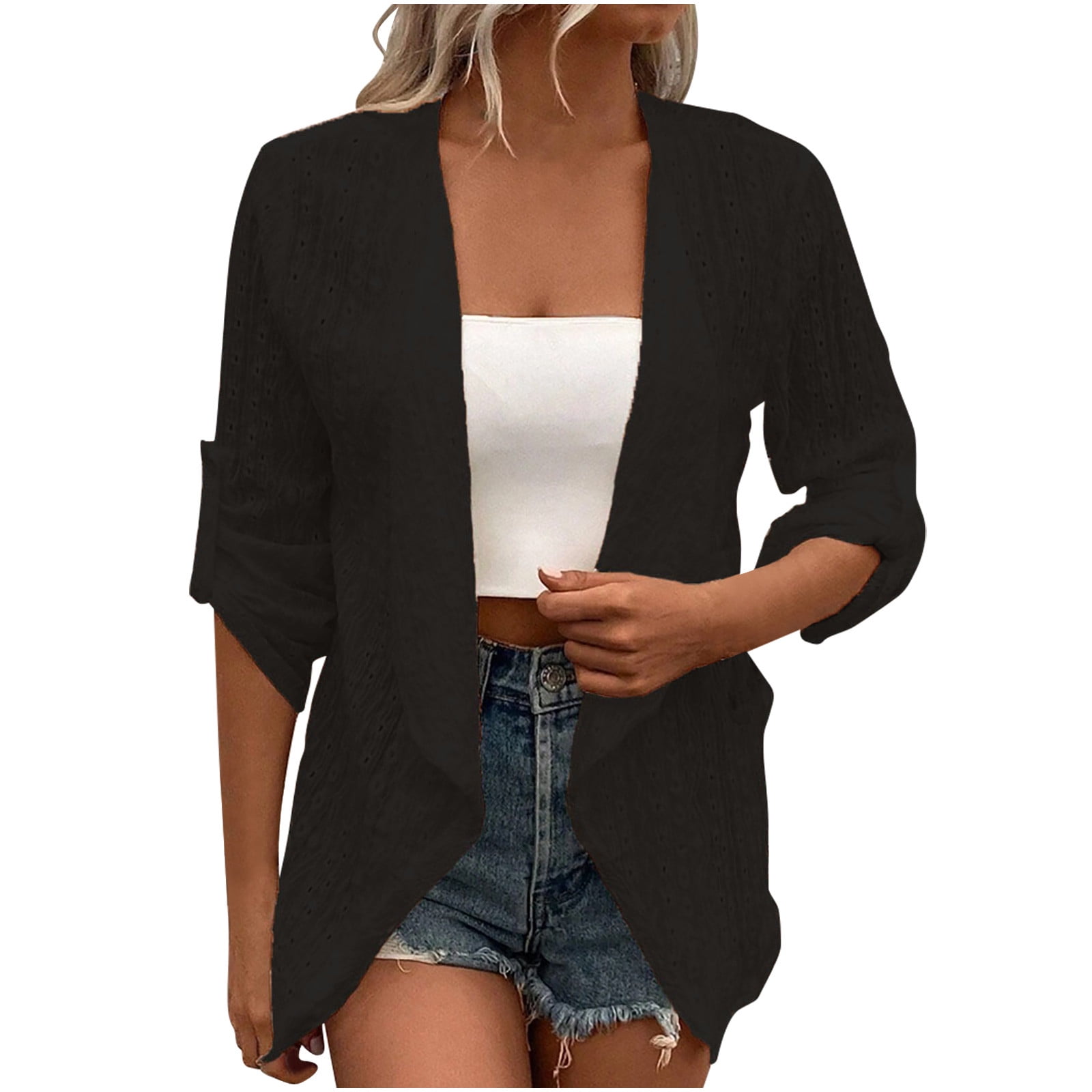 Candigan for Women Lightweight Solid Colar Open Cropped Cardigans ...