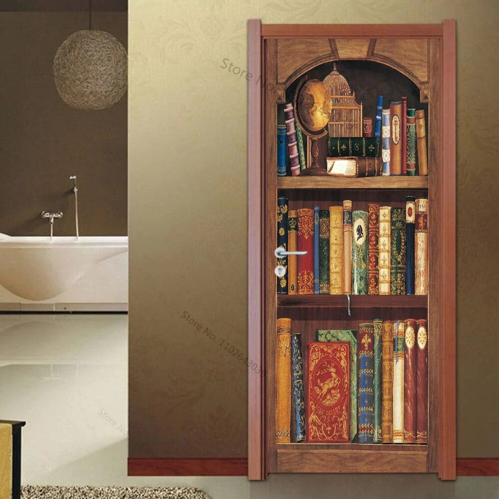 Candle Bookcase Library Door Art Mural Sticker Living Room Corridor ...