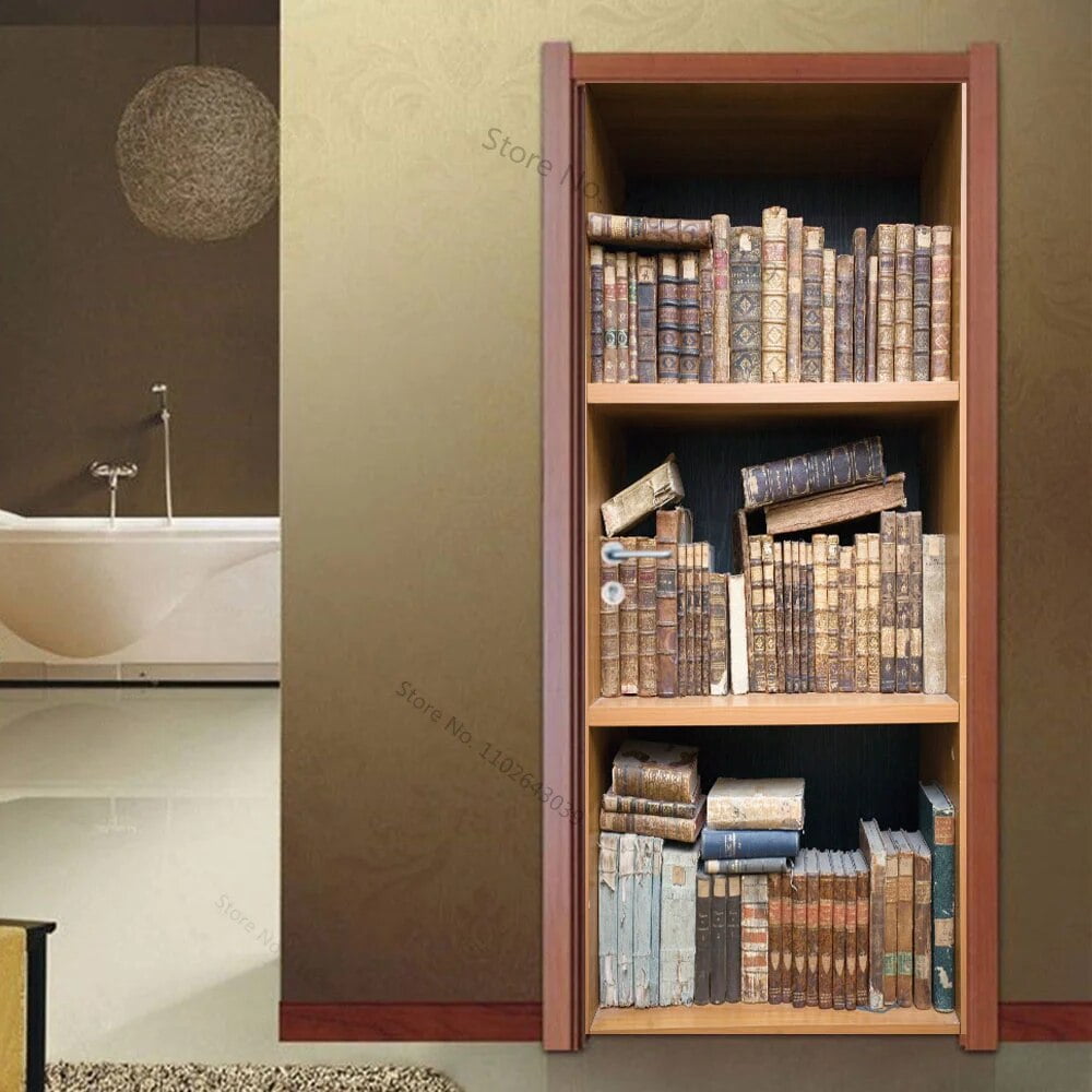 Candle Bookcase Library Door Art Mural Sticker Living Room Corridor ...
