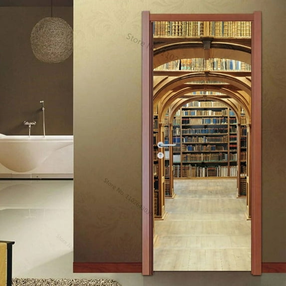 Candle Bookcase Library Door Art Mural Sticker Living Room Corridor ...