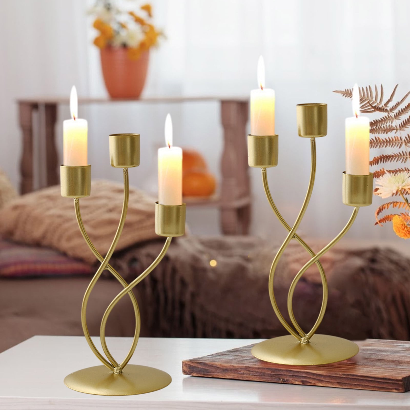 Candle Candlestick Holder, Black & Golden Metal Curved Taper Tall ...