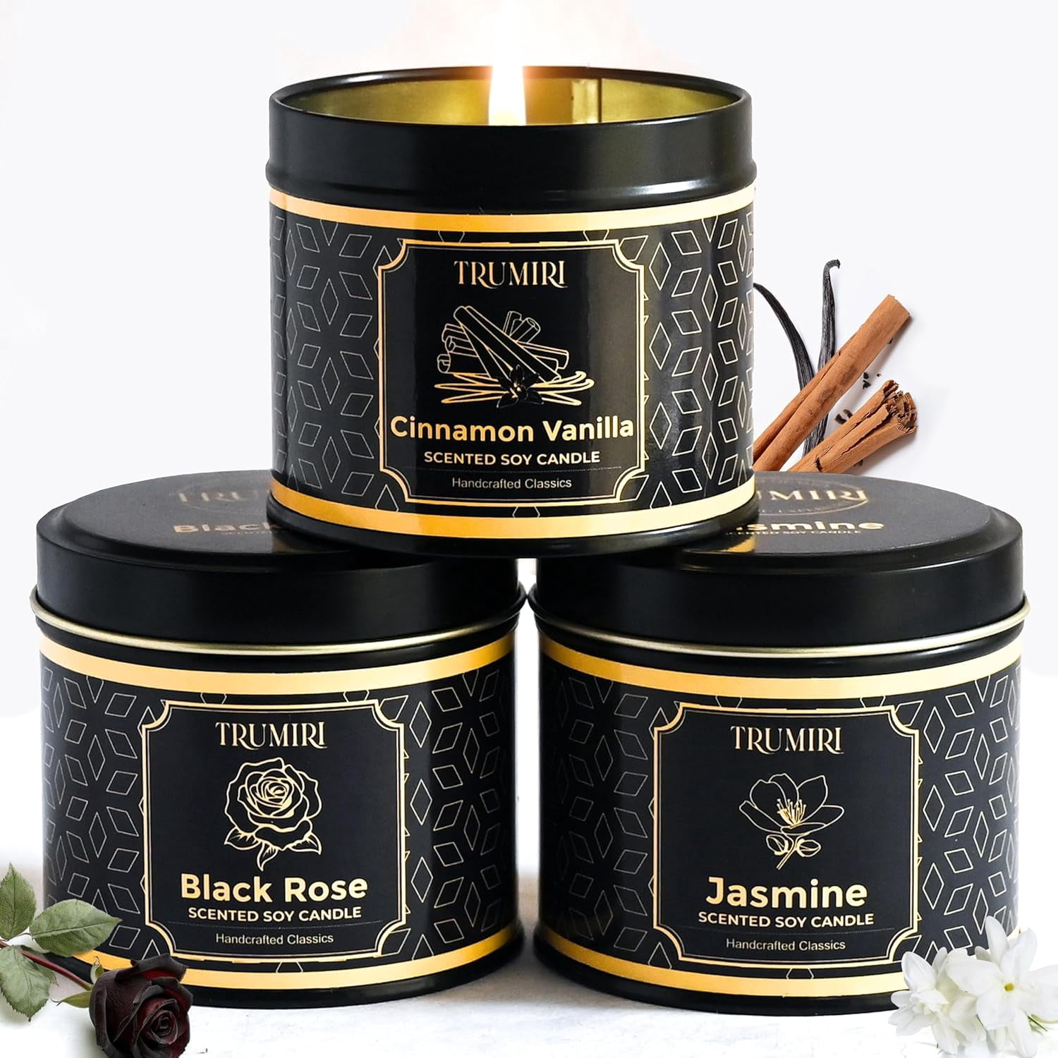 Candle Gift Set of 3 Cinnamon Vanilla|Jasmine|Black Rose Strong Scented ...