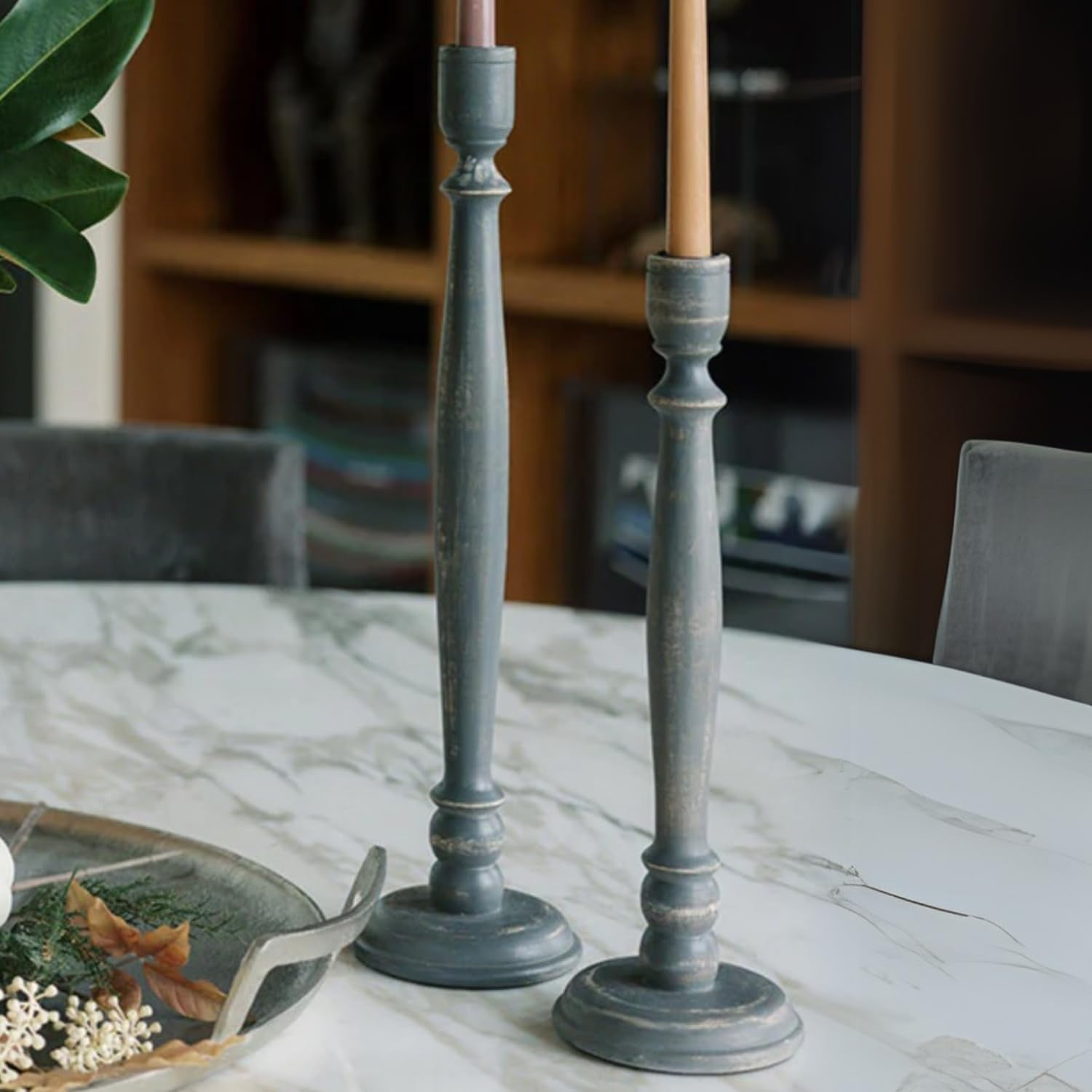 Candle Holder, Handcrafted Wooden Dark Grey Set-of-2 Taper Candlestick ...