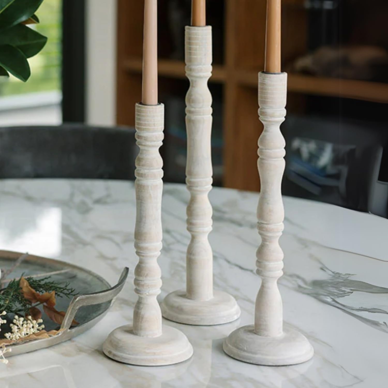 Candle Holder, Handcrafted Wooden White Set-of-3 Taper Candlestick ...