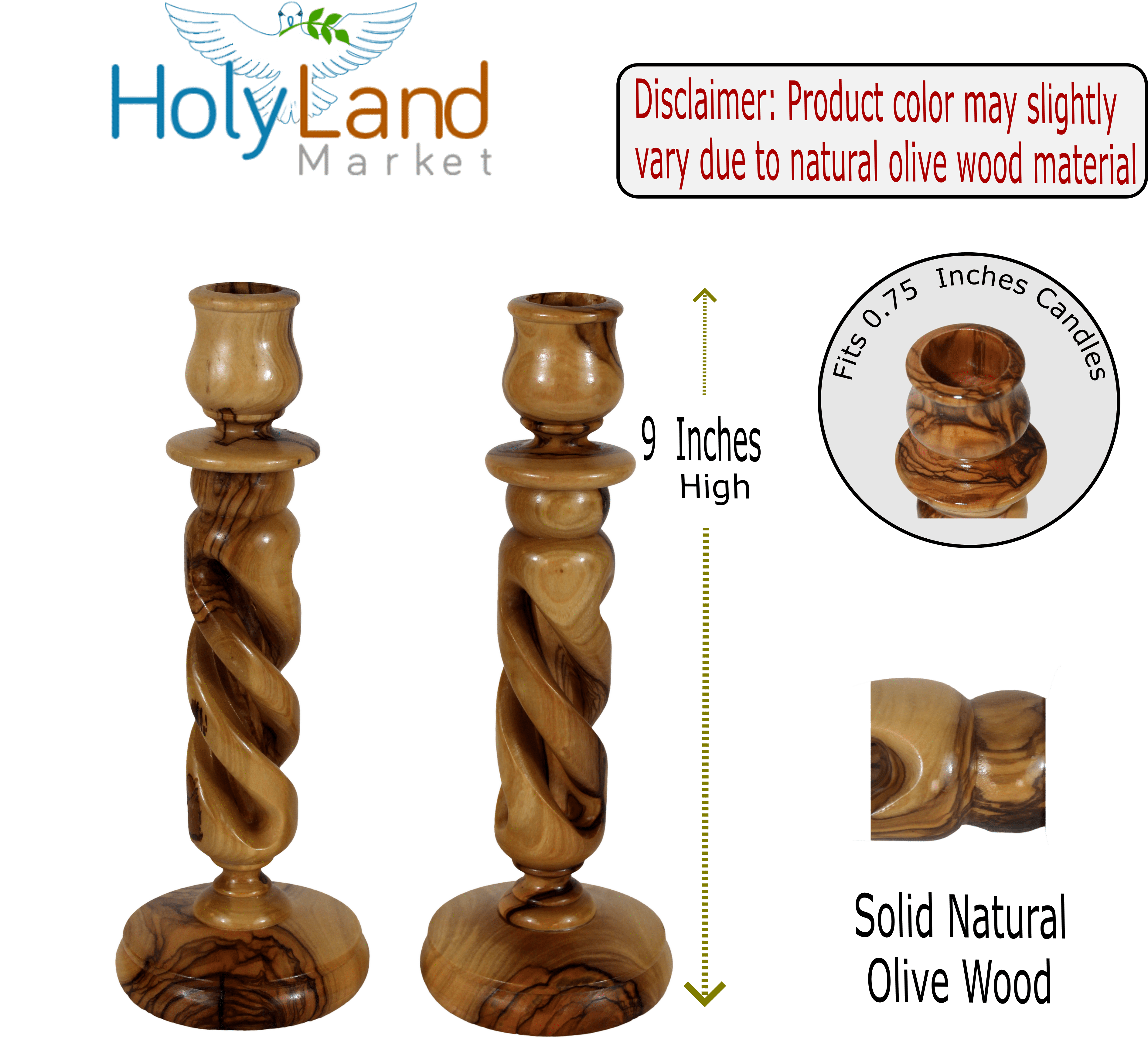 Holy Land Market Olive Wood Candle Holder Sticks - 9 Inch Taper Candle Holders, Hand Carved in ...