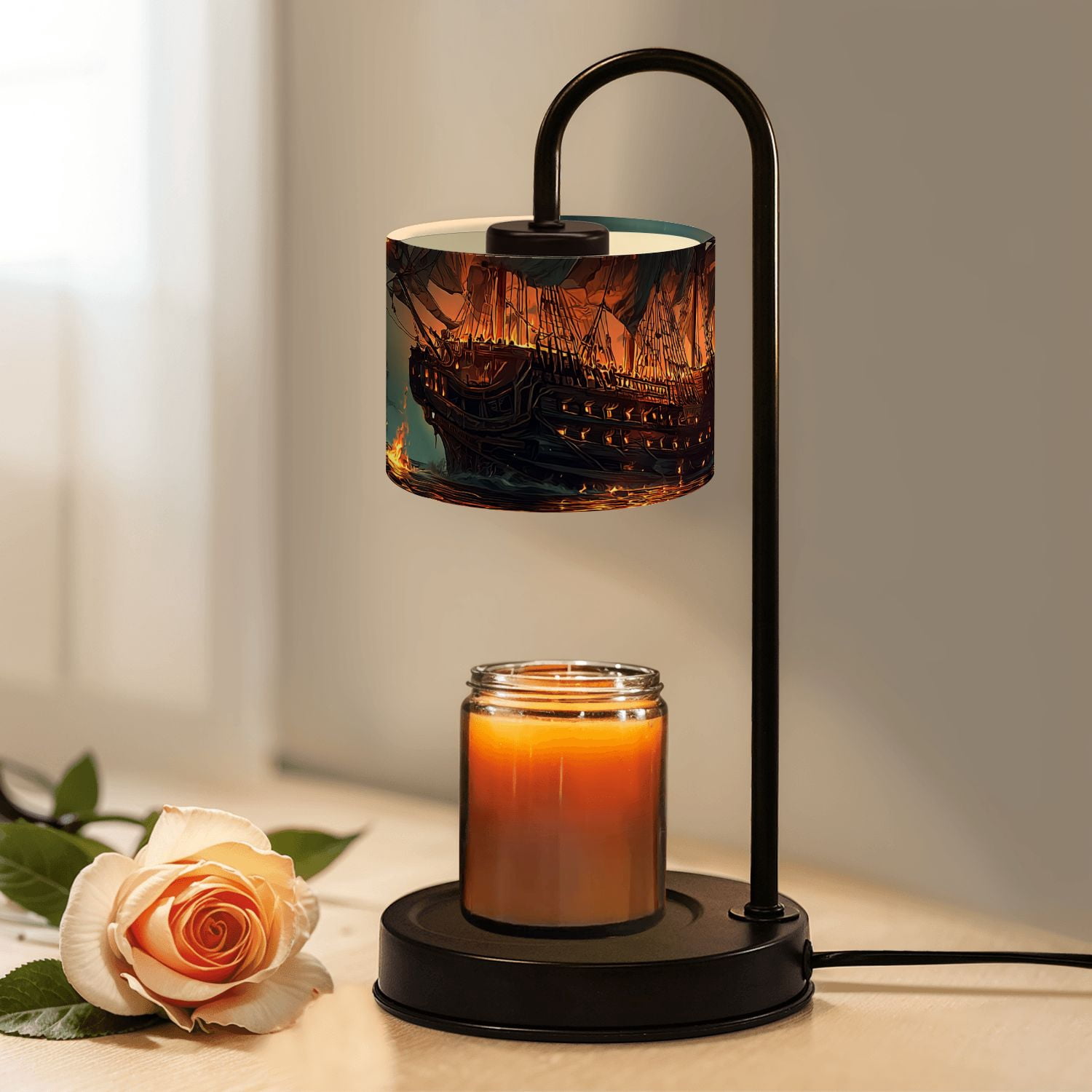 Candle Warmer Lamp with Timer Dimmer Fiery Burning Pirate Ship Battle ...