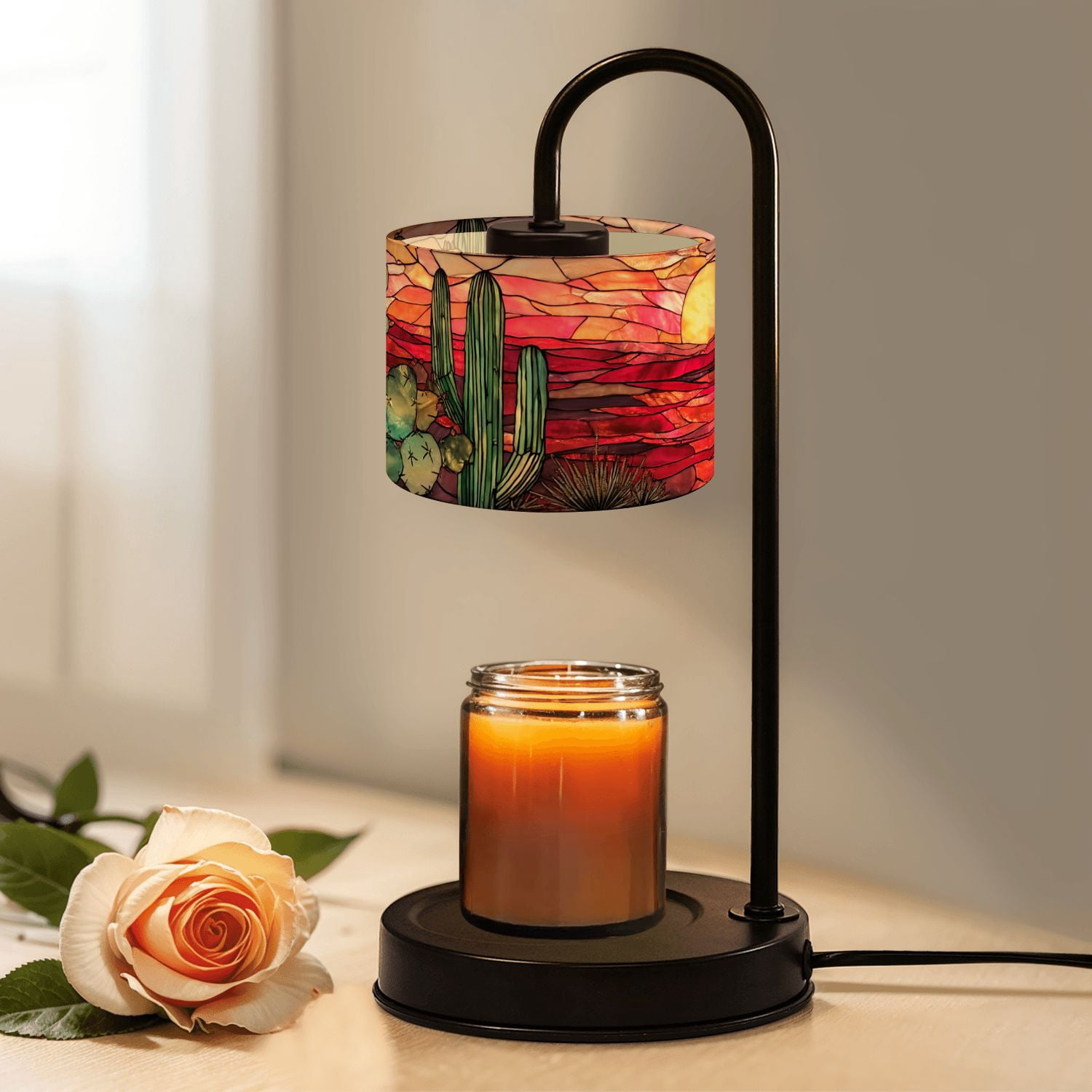 Candle Warmer Lamp with Timer Dimmer Handcrafted Stained Glass Sunset ...