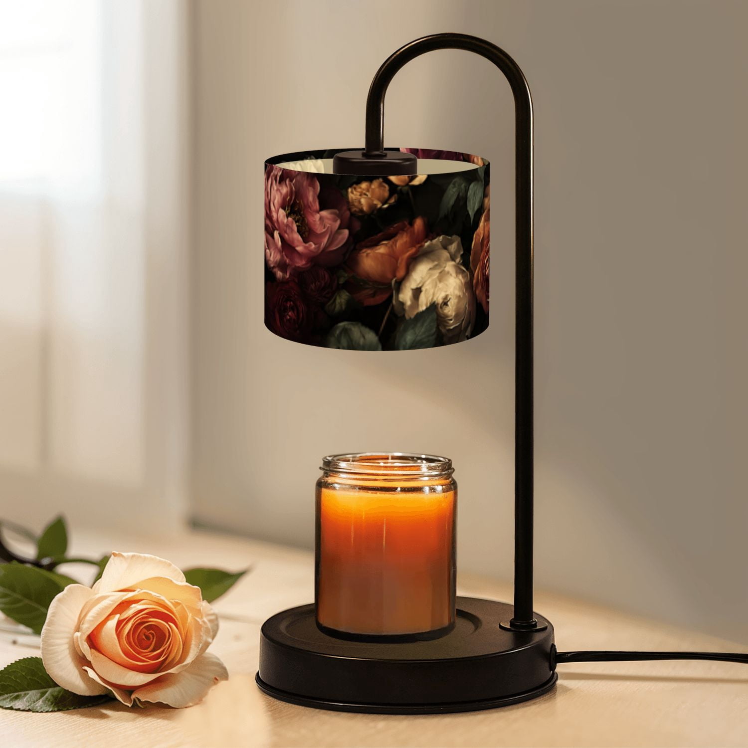 Candle Warmer Lamp with Timer Dimmer Vintage Floral Soft Roses Dark ...