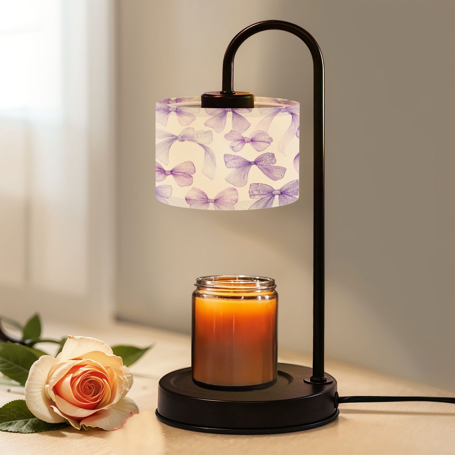 Candle Warmer Lamp with Timer, Purple Bow Delicate Lines White Non-slip ...