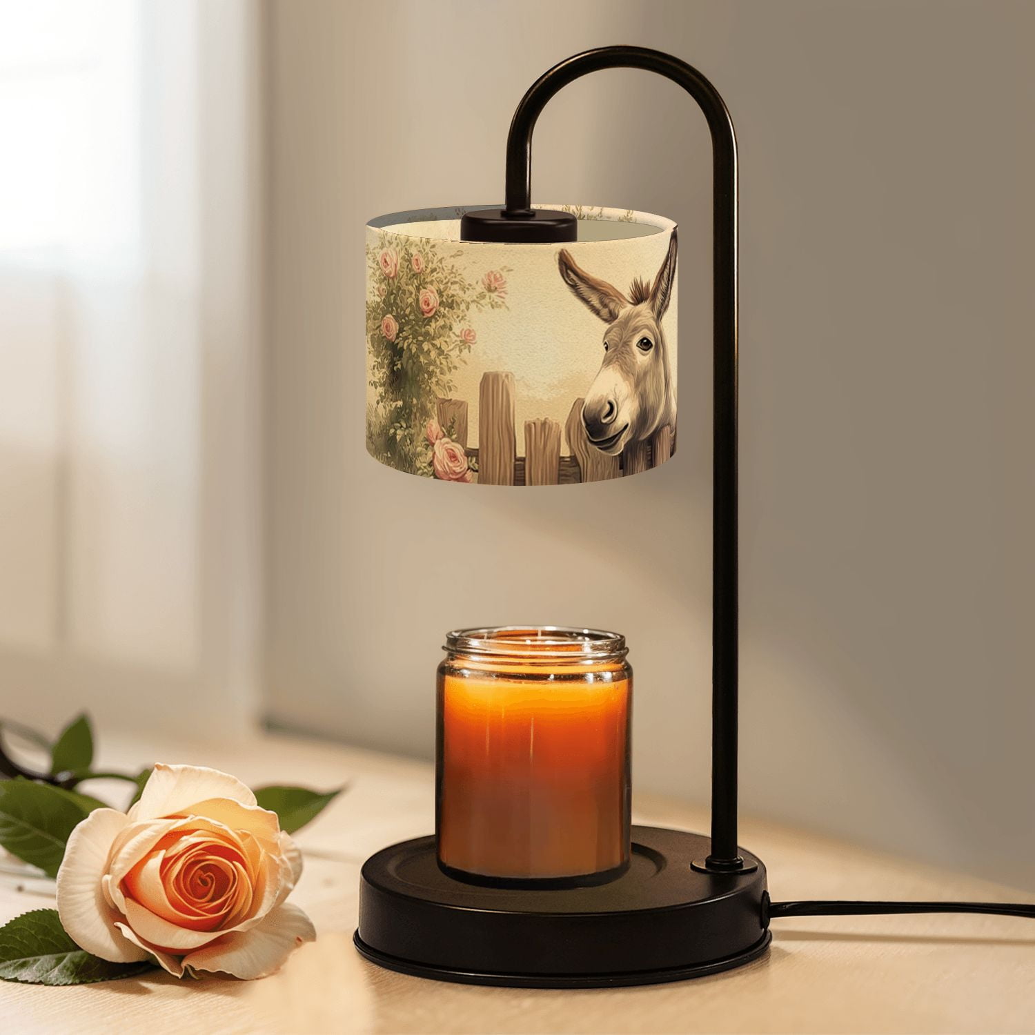 Candle Warmer Lamp with Timer, Smiling Donkey Peeking Rustic Fence Soft ...