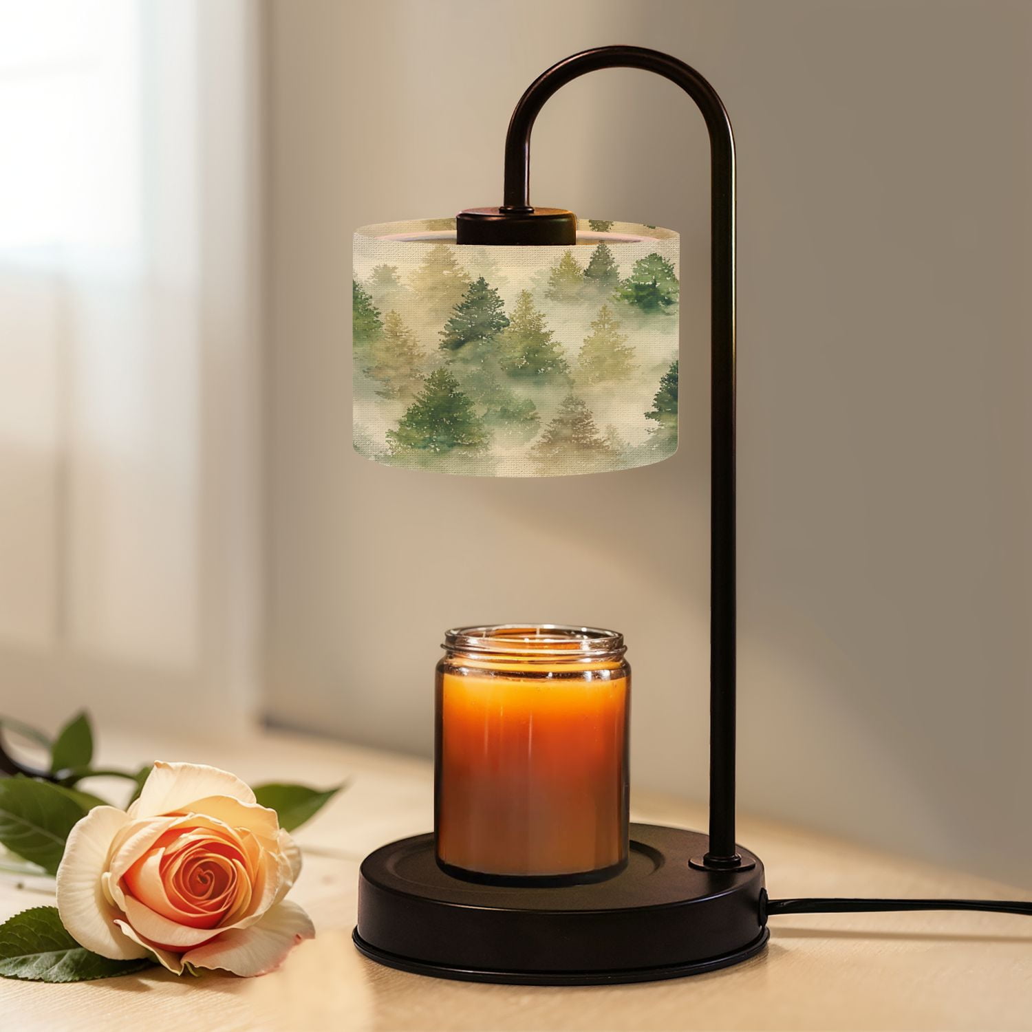 Candle Warmer Lamp with Timer, Watercolor Forest Landscape Green Earthy ...