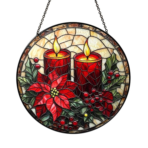 Candle and Poinsettia Stained Glass Suncatcher Window Hanging, Warm ...
