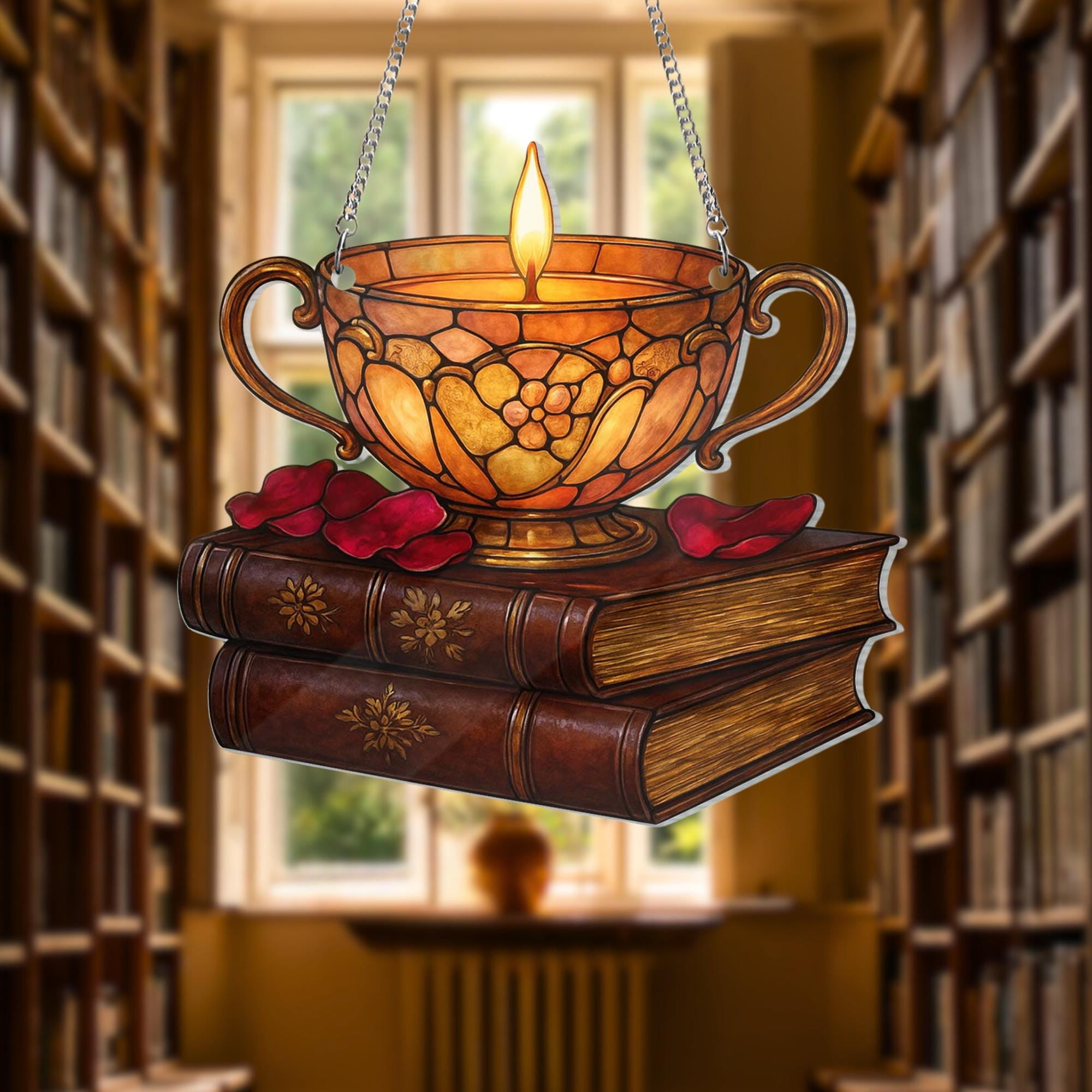 Candlelit Teacup and Books Acrylic Suncatcher, Books Acrylic Window ...