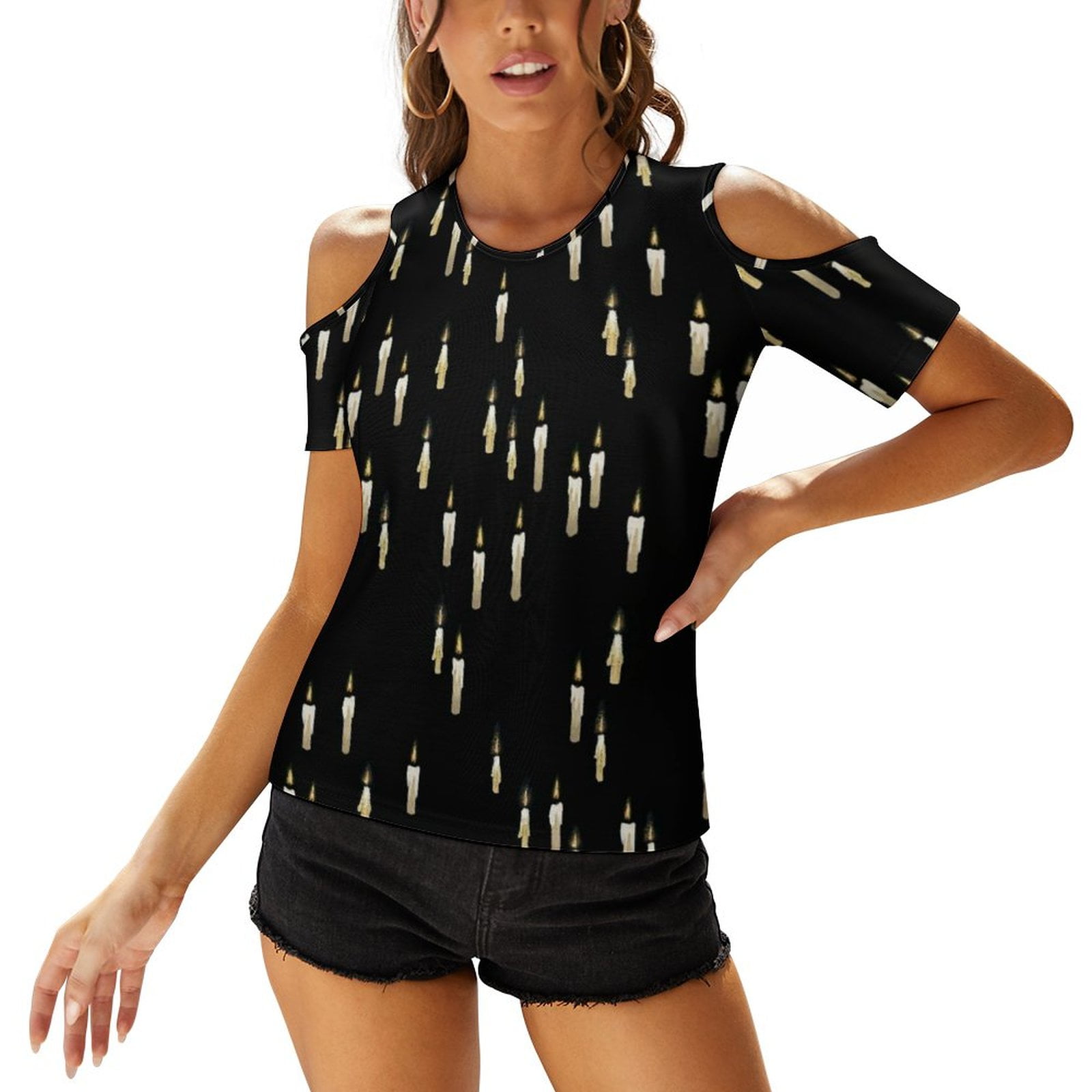 Candles New Fashion Zip Off Shoulder Top Short-Sleeve Women Shirt ...