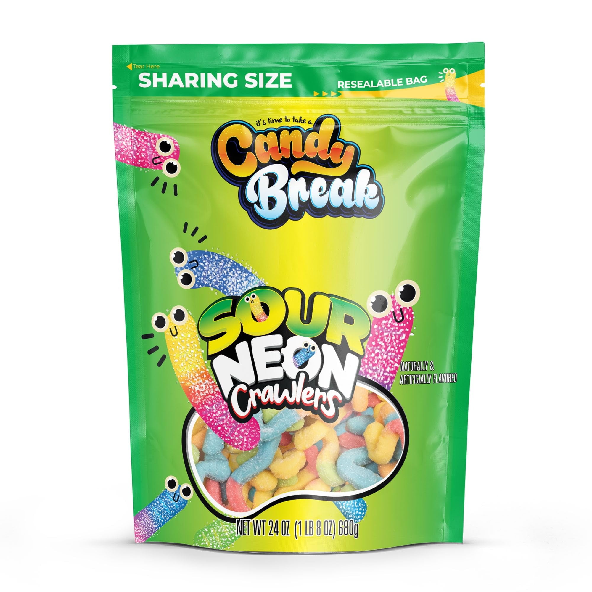 Candy Break Sour Neon Worms Gummy Candy - 24 Oz Share Size Resealable ...