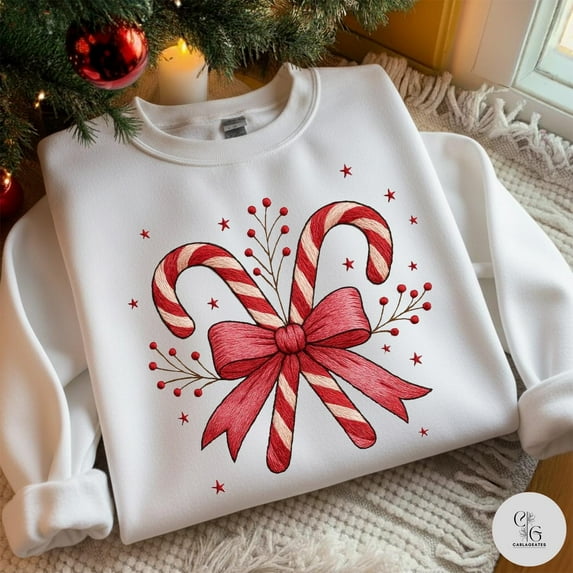 Candy Cane Bow Embroidery Sweatshirt, Christmas Candy Embroidery Shirt ...