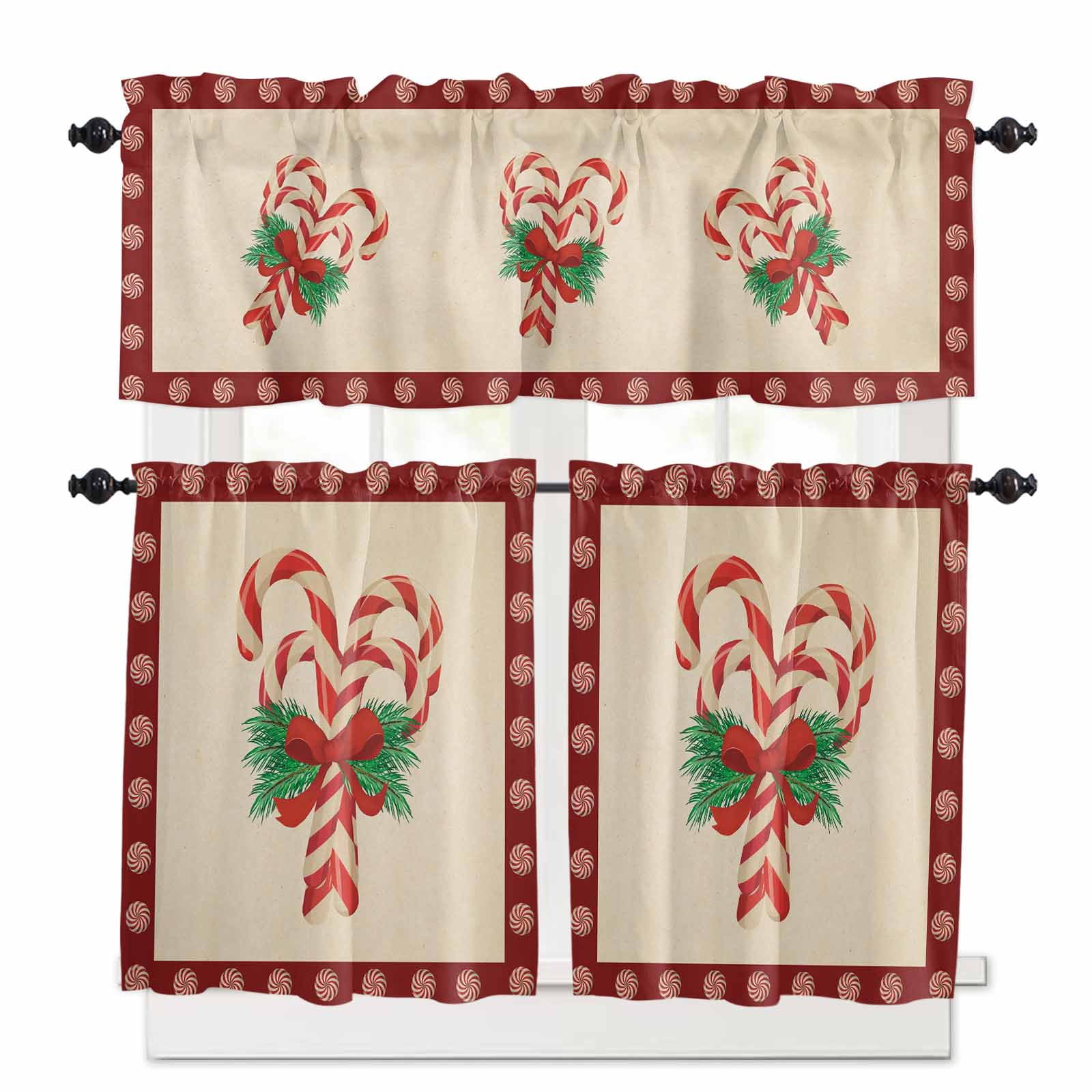 Candy Cane Bow Kitchen Curtains and Valances Set, Christmas Winter ...