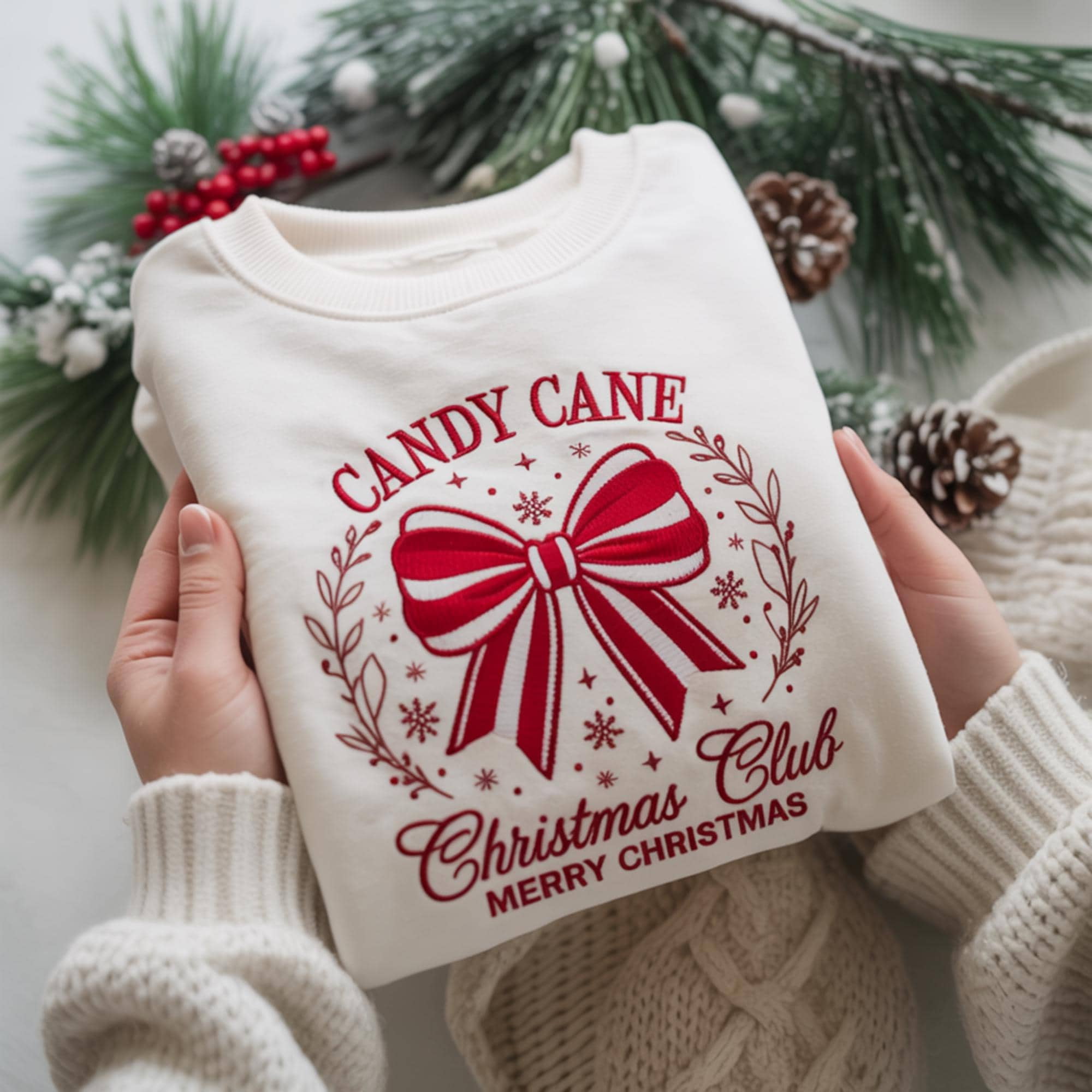 Candy Cane Christmas Club Sweatshirt, Embroidered Red Bow Crewneck ...