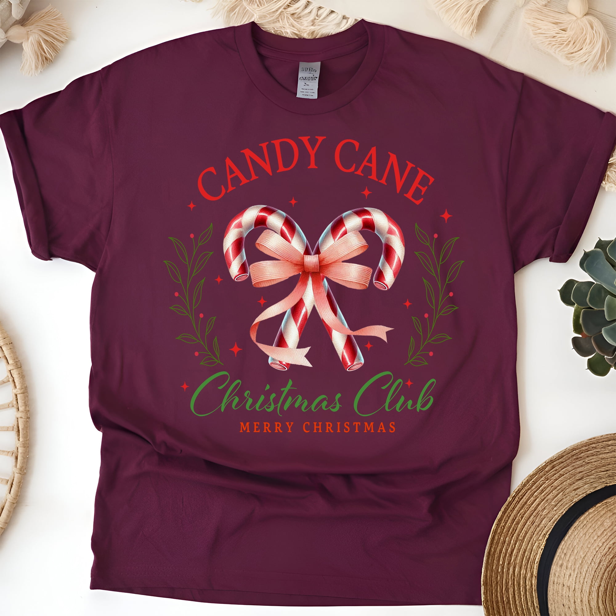 Candy Cane Christmas T-Shirt | Holiday Bow Graphic Tee, Maroon, Size ...