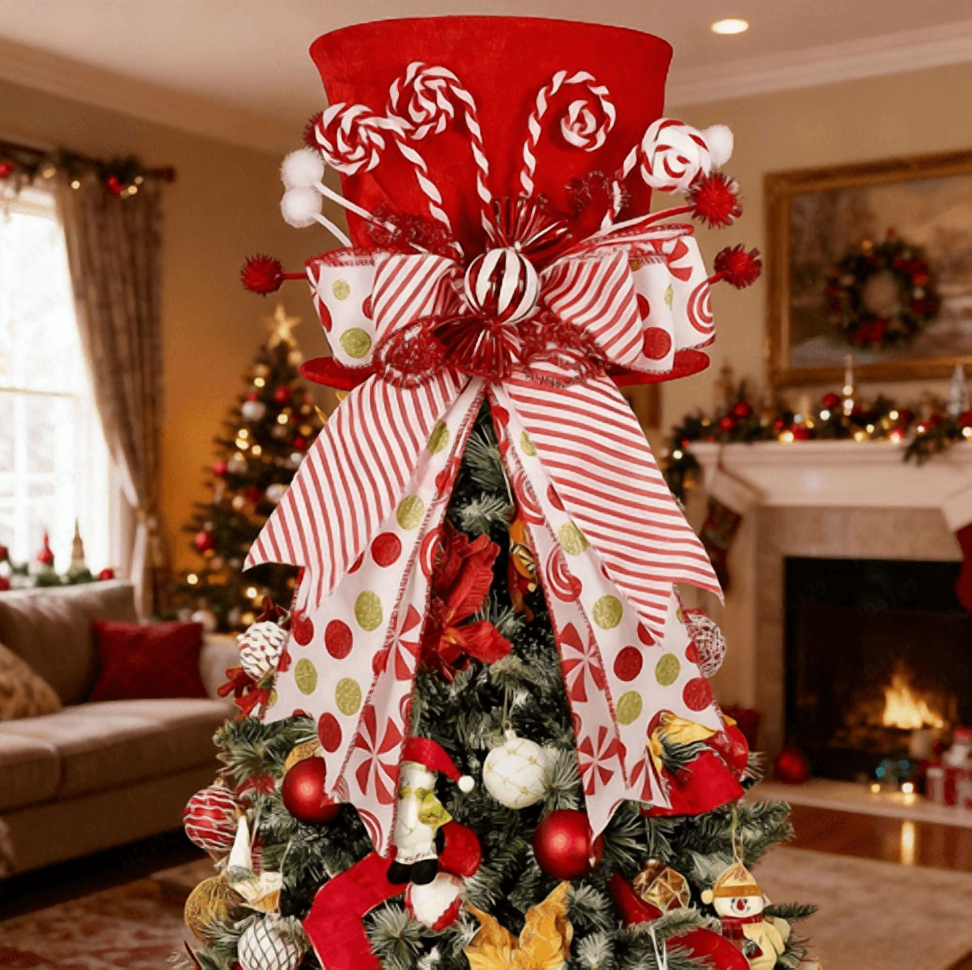 Candy Cane Christmas Tree Topper Hat, Red Tree Topper Hat with Candy ...